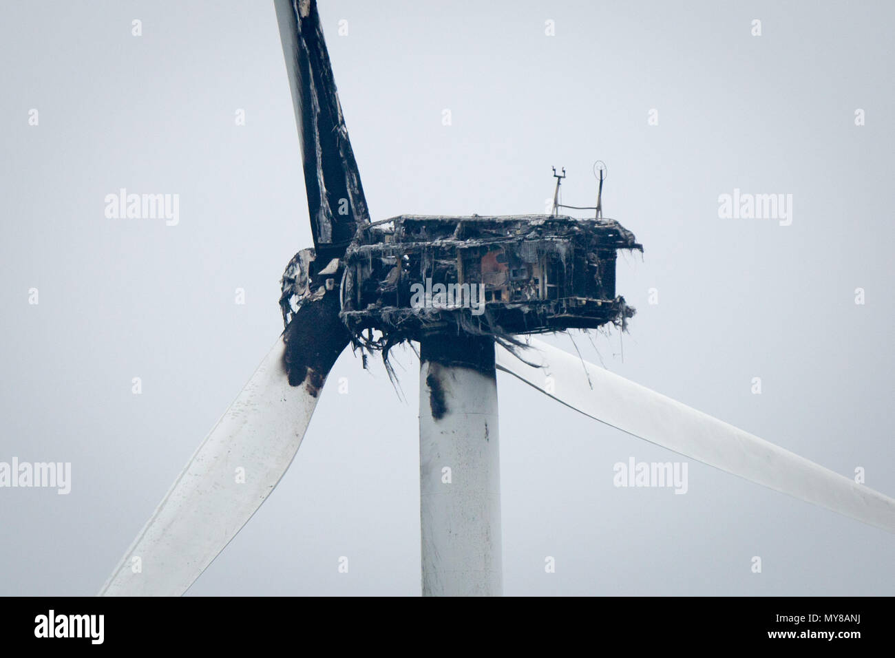 Aerial picture shows the wind turbine damaged by lightning in ...