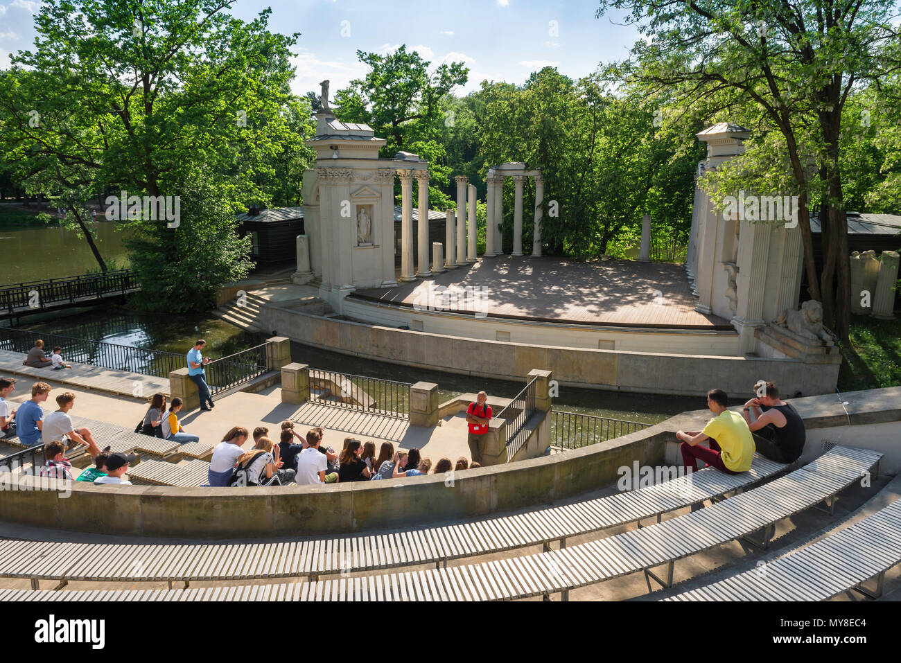 Lazienki Park Warsaw, view of students visiting the Island Amphitheatre ...