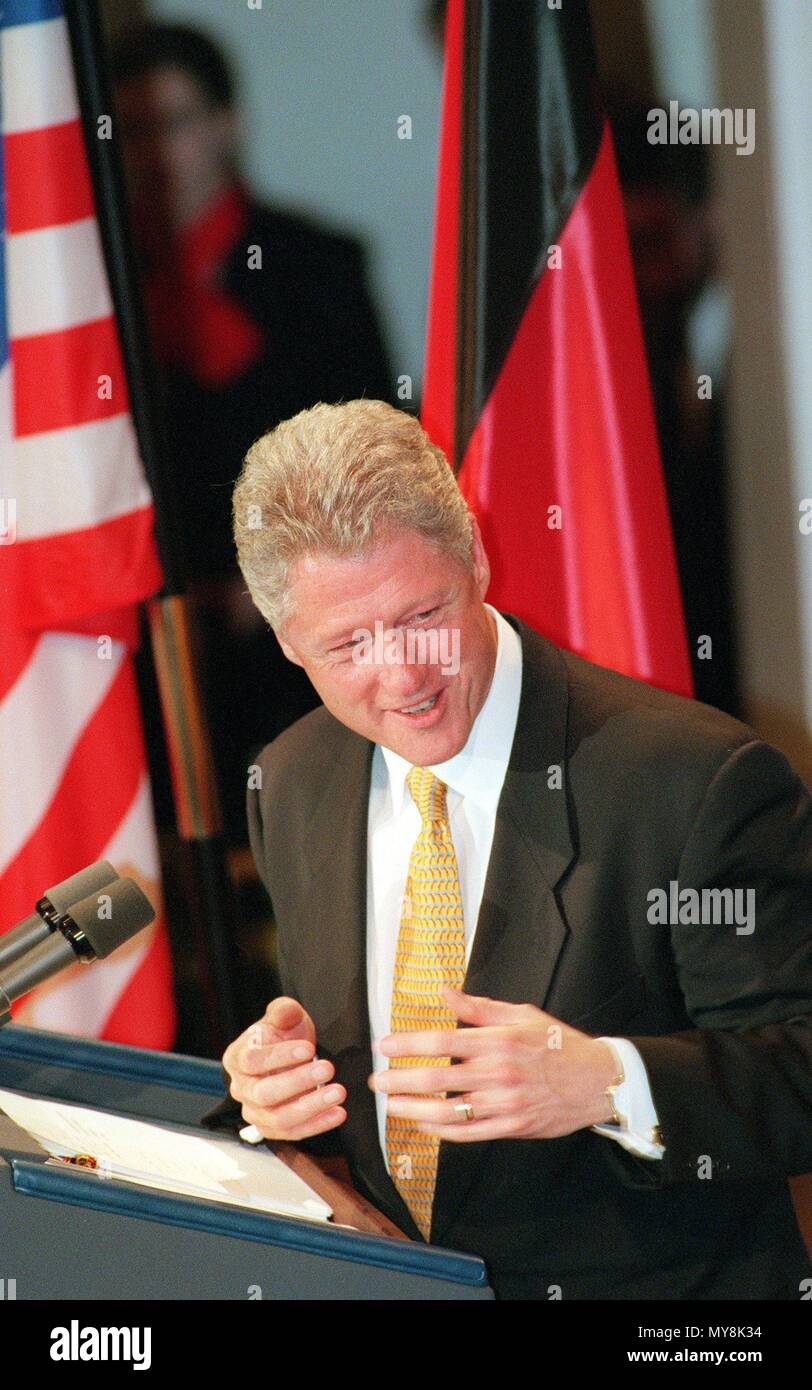 US President Bill Clinton smiles during his speech to guests at the ...