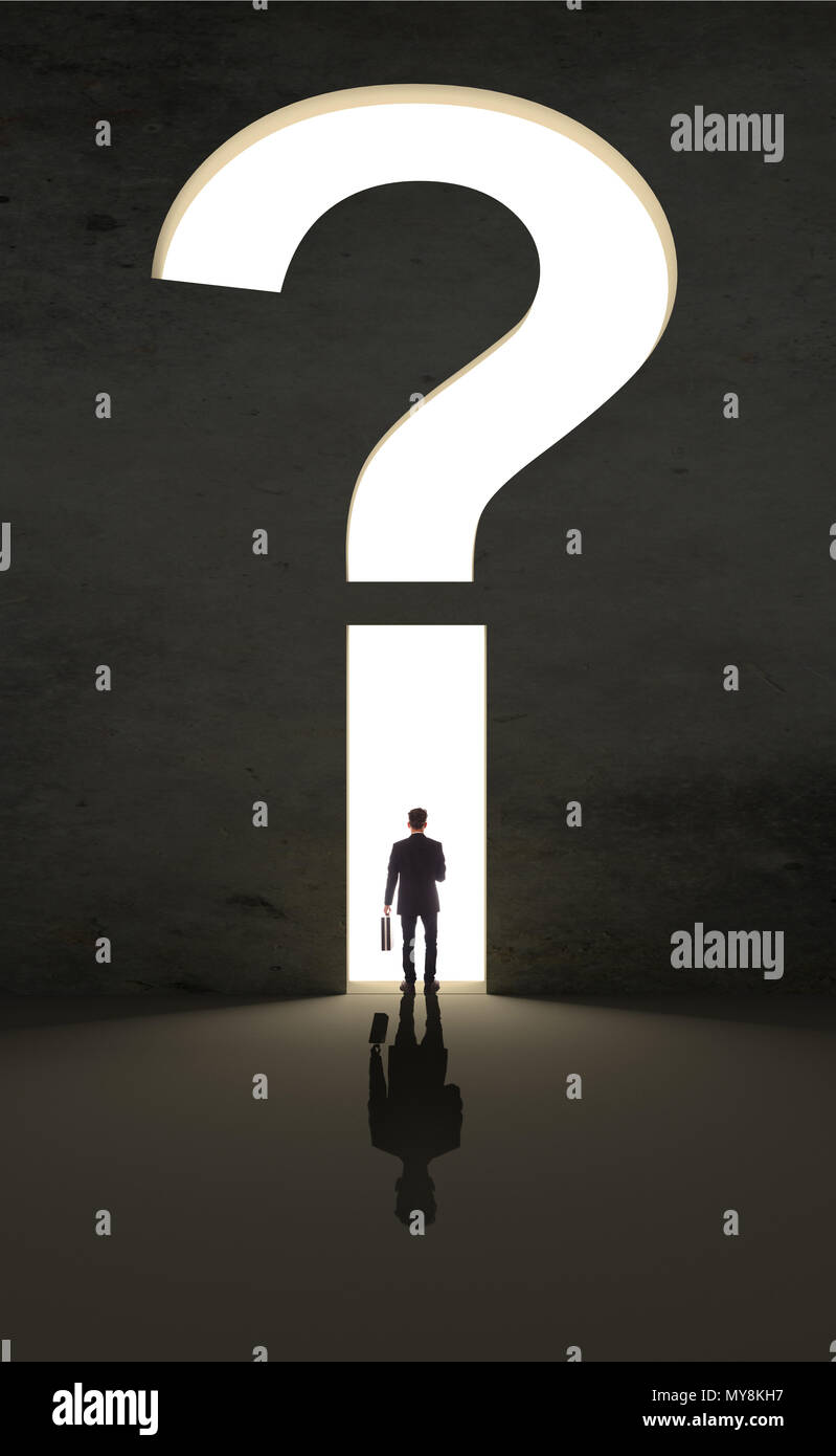 Businessman walk trought a big question mark door, goals or success ...