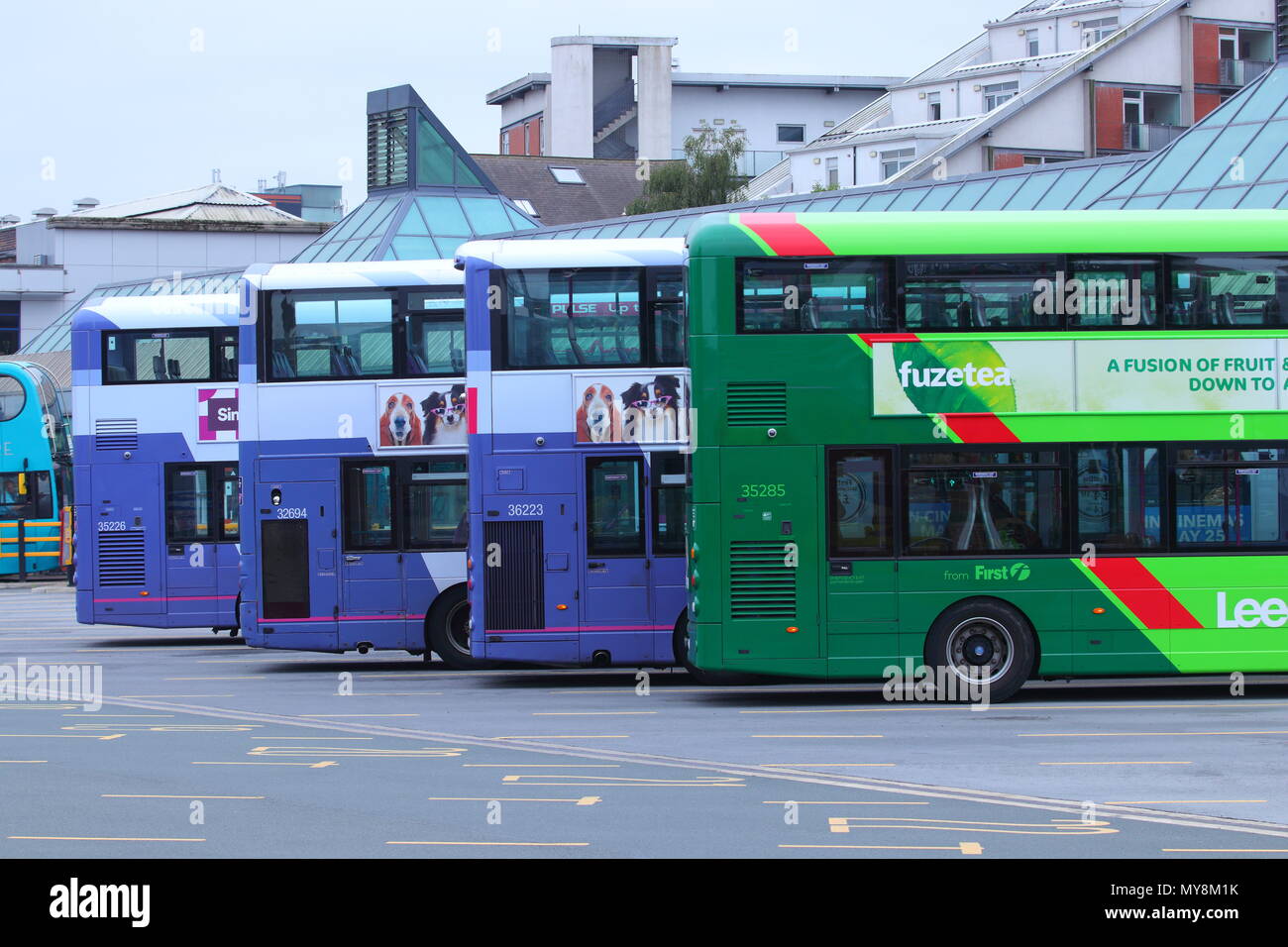 Back end of buses at Leeds Bus Station Stock Photo - Alamy
