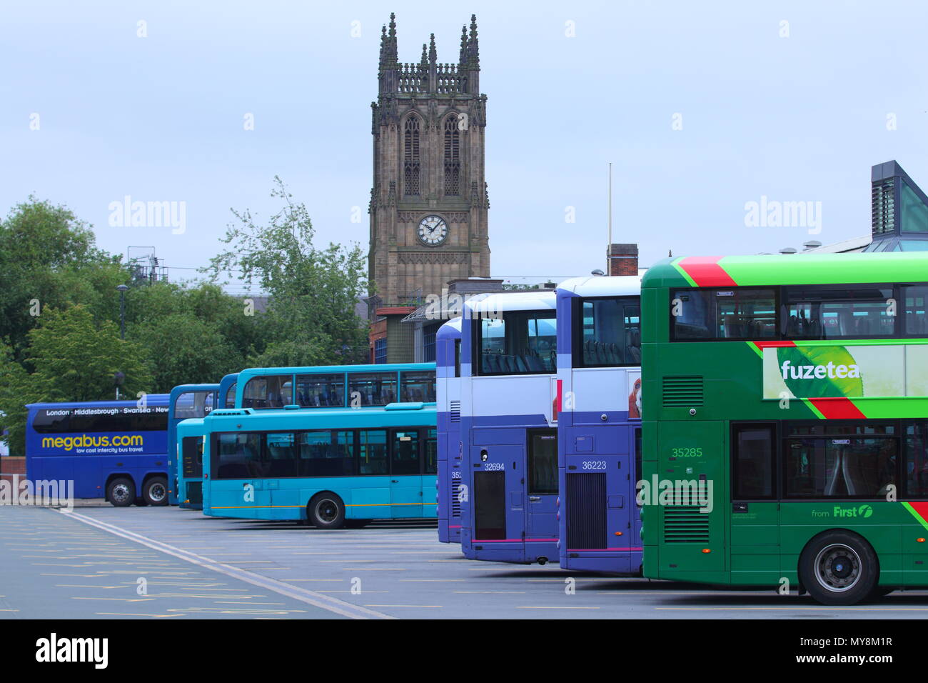 Back end of buses at Leeds Bus Station Stock Photo - Alamy