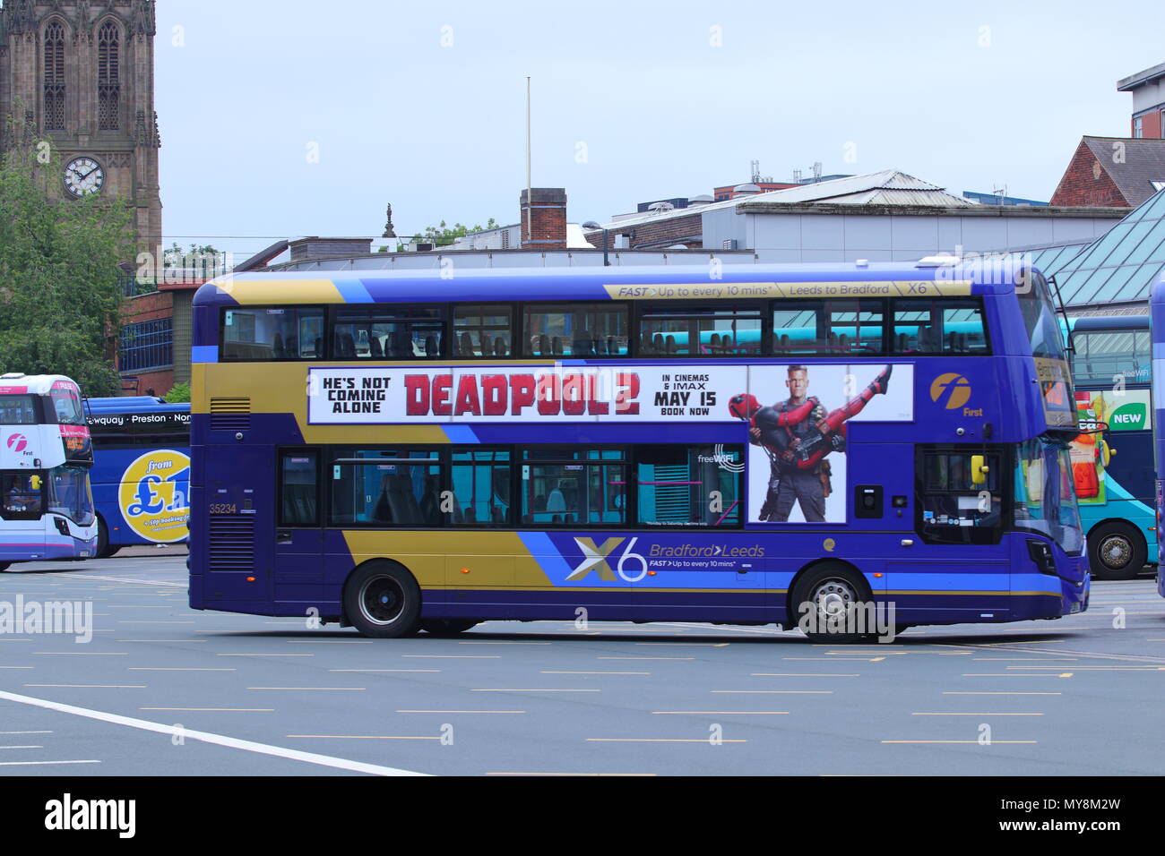 First Bus arriving at Leeds Bus station Stock Photo - Alamy