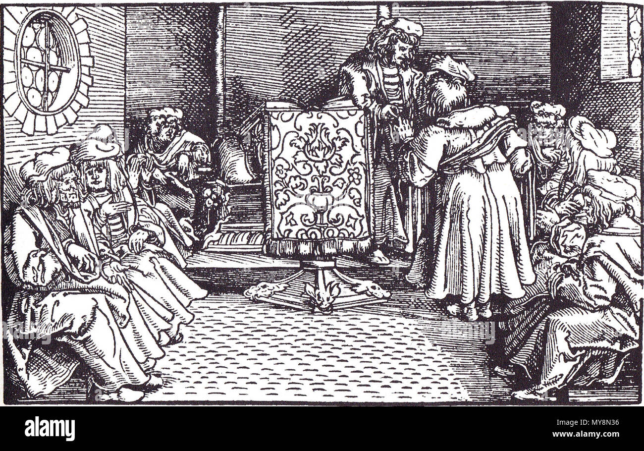 . English: Master's graduation. Woodcut by Hans Weiditz. Svenska ...