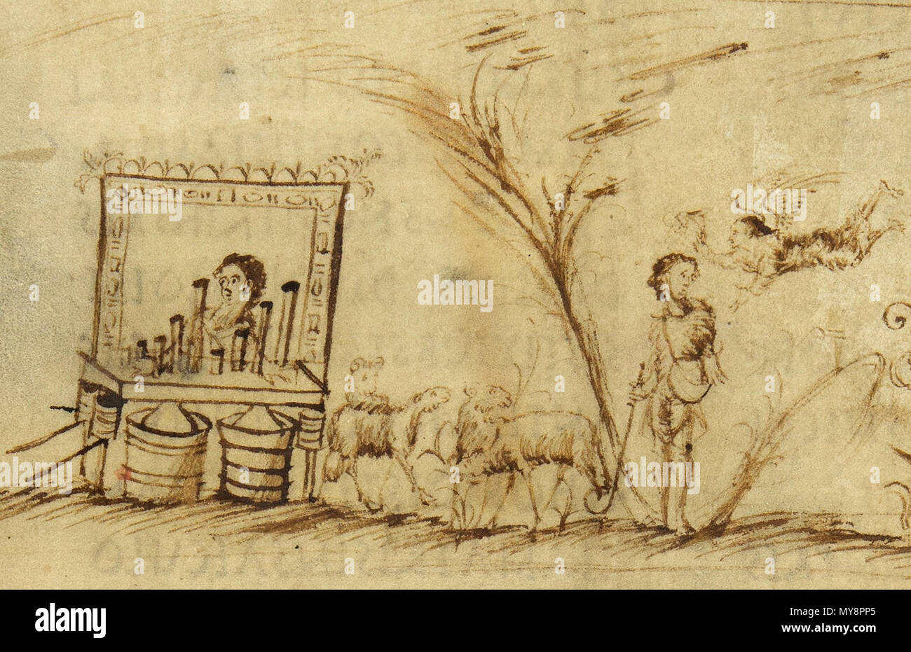 . English: From the Utrecht Psalter, man playing organ, a shepherd, and ...