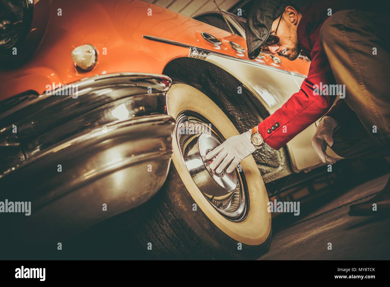 Classic Car Buyer Inspection. Caucasian Retro Vehicles Collector ...