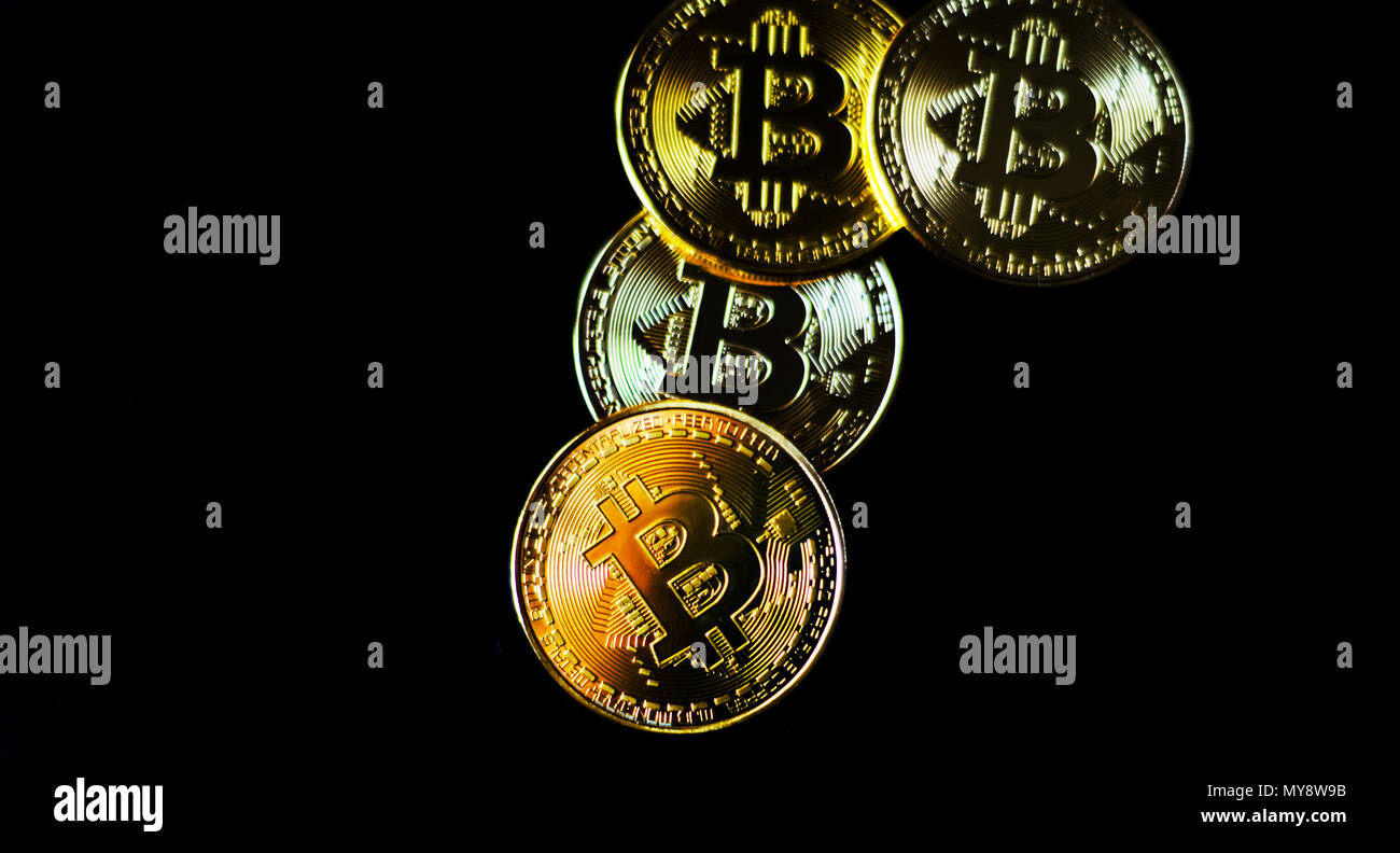 Crypto currency Gold Bitcoin, BTC, macro shot of Bitcoin coins on ...