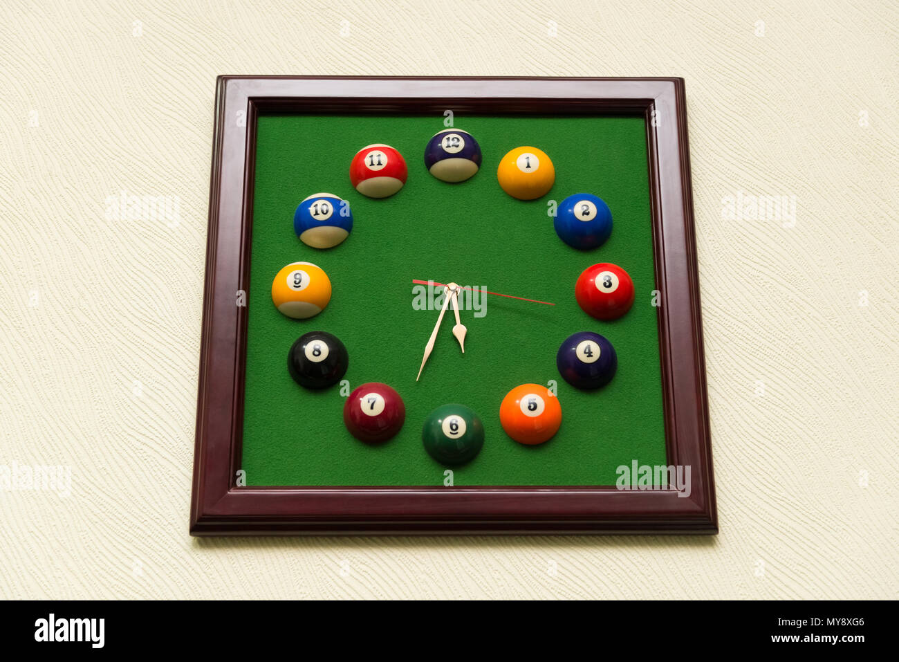 Watches made from billiard balls hang on the wall Stock Photo - Alamy
