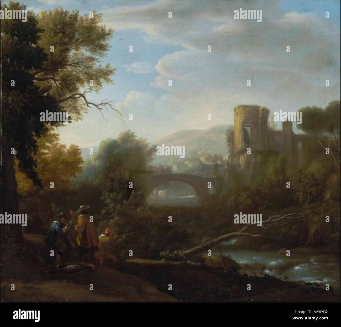 . A landscape with Tivoli and the Temple of Vesta, hunters and an ...