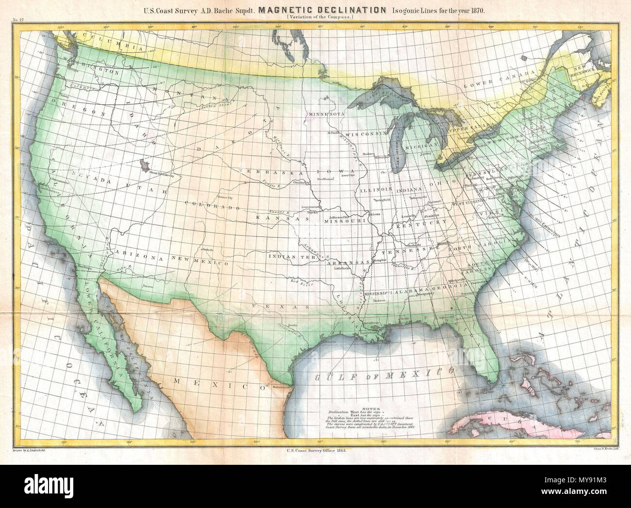 . Magnetic Declination Isogonic Lines for the year 1870 (Variations of ...