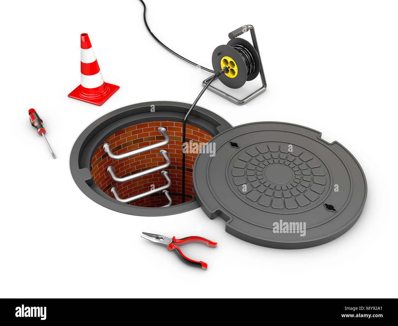 3d Illustration of Manhole cover open with tools Stock Photo - Alamy