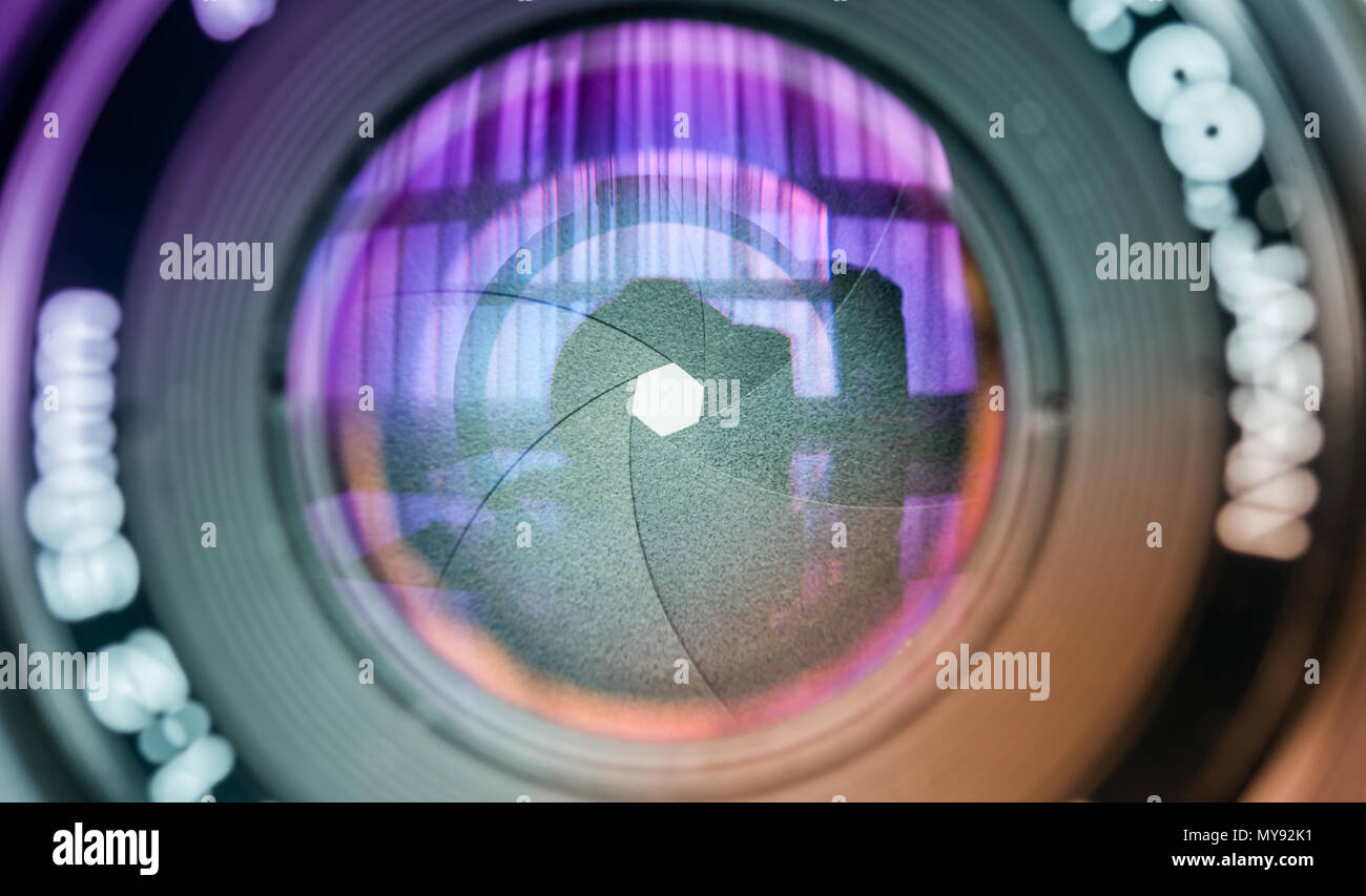 The diaphragm of a camera lens aperture. Selective focus with shallow ...