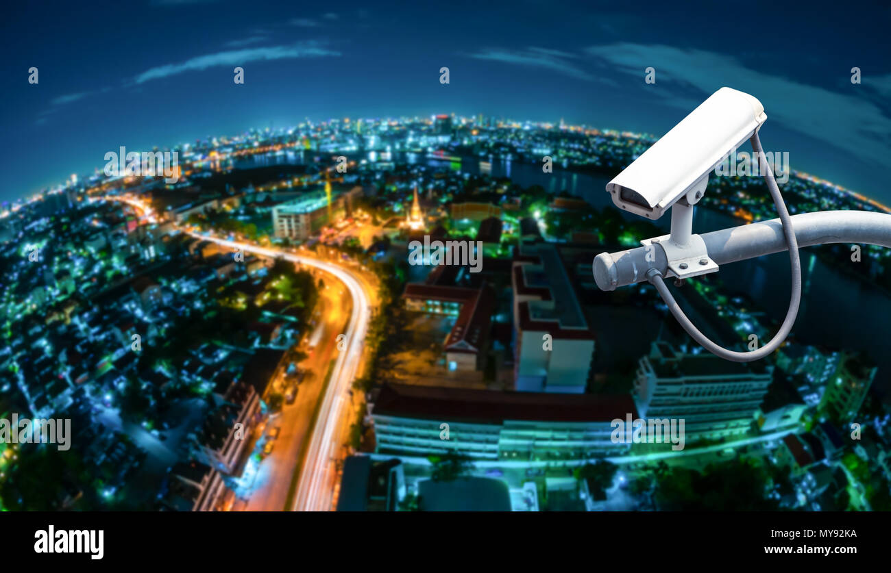 CCTV with Blur City in background fish eye perspective Stock Photo - Alamy