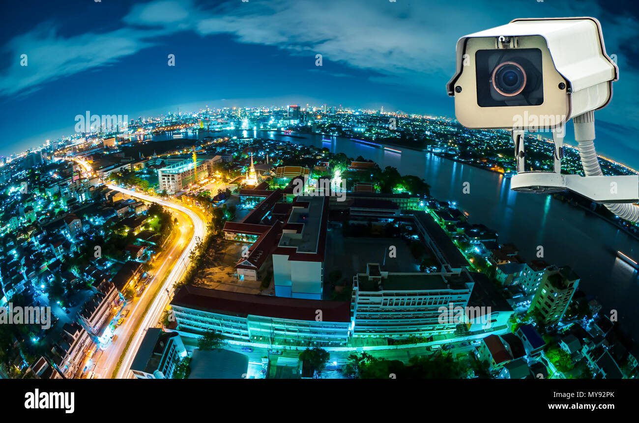 CCTV with Blur City in background fish eye perspective Stock Photo - Alamy