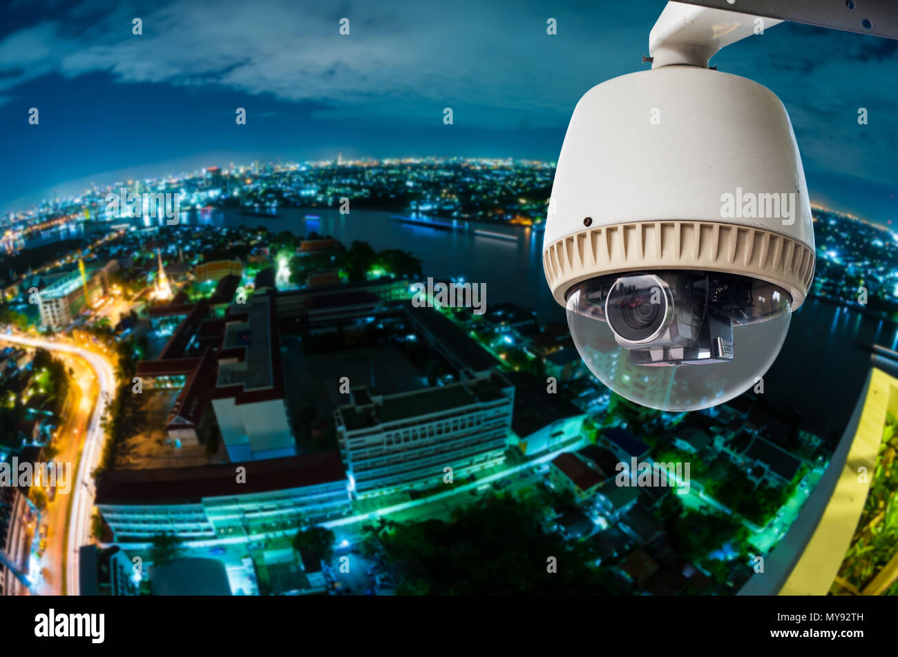 CCTV with Blur City in background fish eye perspective Stock Photo - Alamy