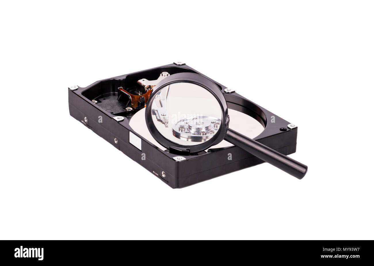 Search and diagnosis of a hard drive (HDD) with a magnifying glass ...