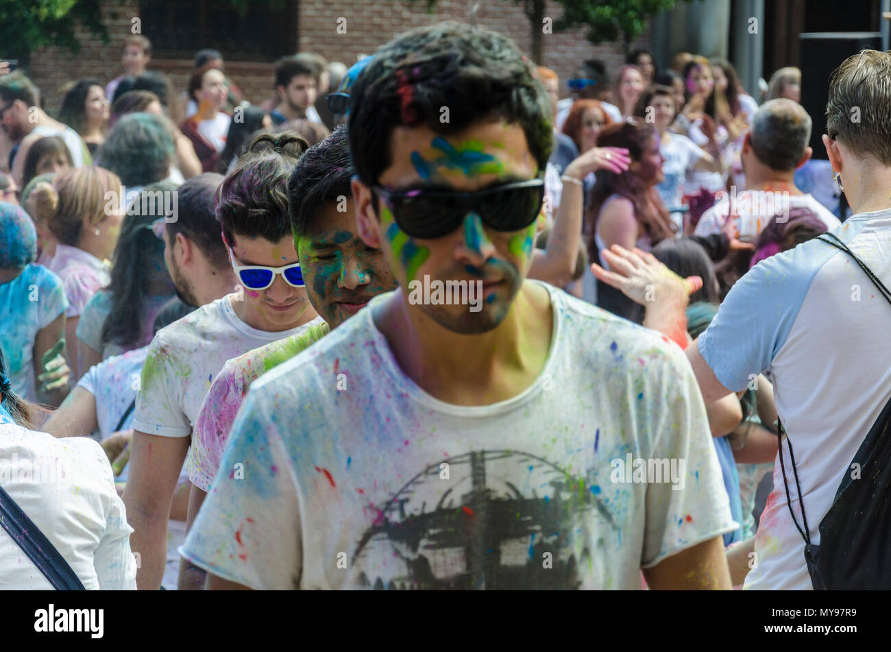 Madrid, Spain, 3 th June. Celebration of Holi Madrid in Luna square ...