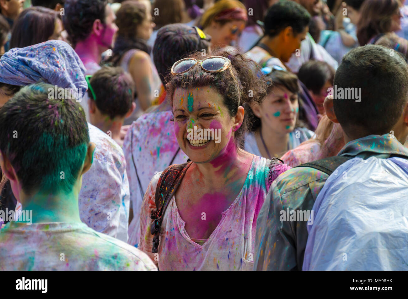 Madrid, Spain, 3 th June. Celebration of Holi Madrid in Luna square ...