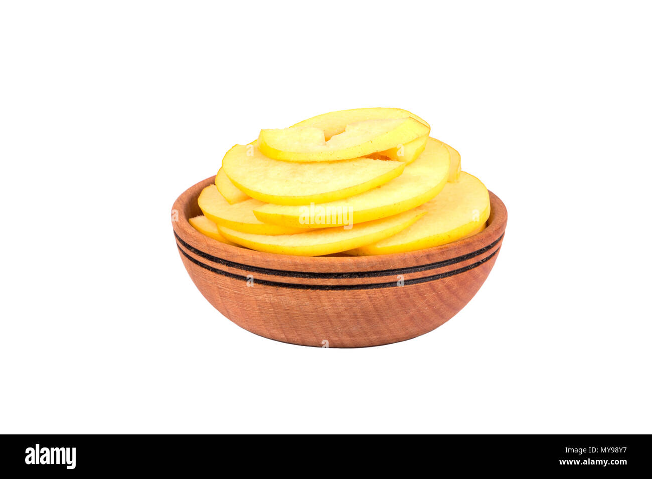 Sliced quince fruit in a wooden plate on a white background Stock Photo ...
