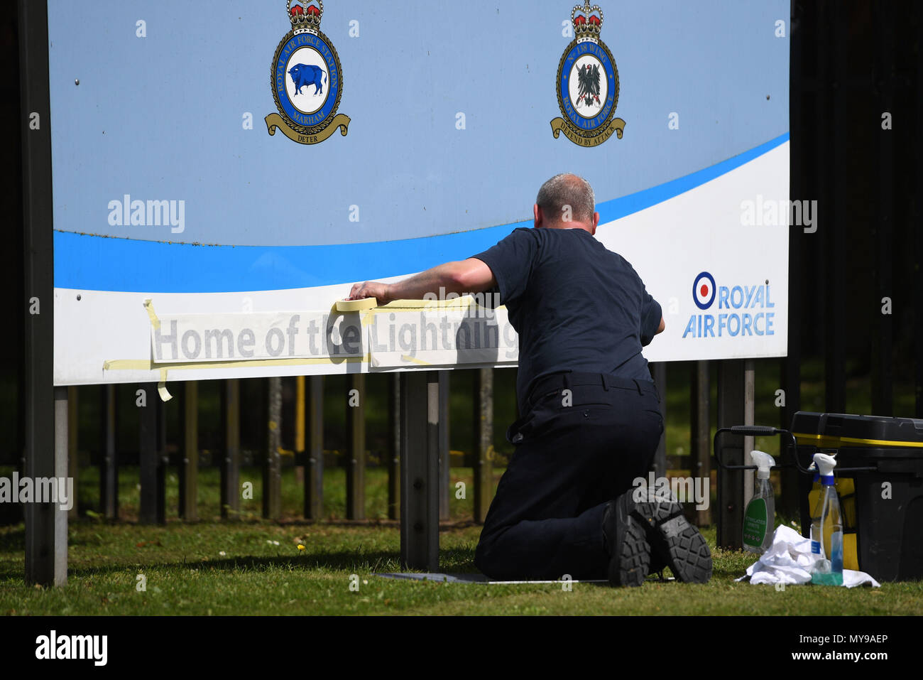 The sign outside RAF Marham in Norfolk is changed ahead of the arrival ...