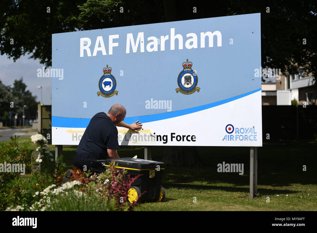 The sign outside RAF Marham in Norfolk is changed ahead of the arrival ...