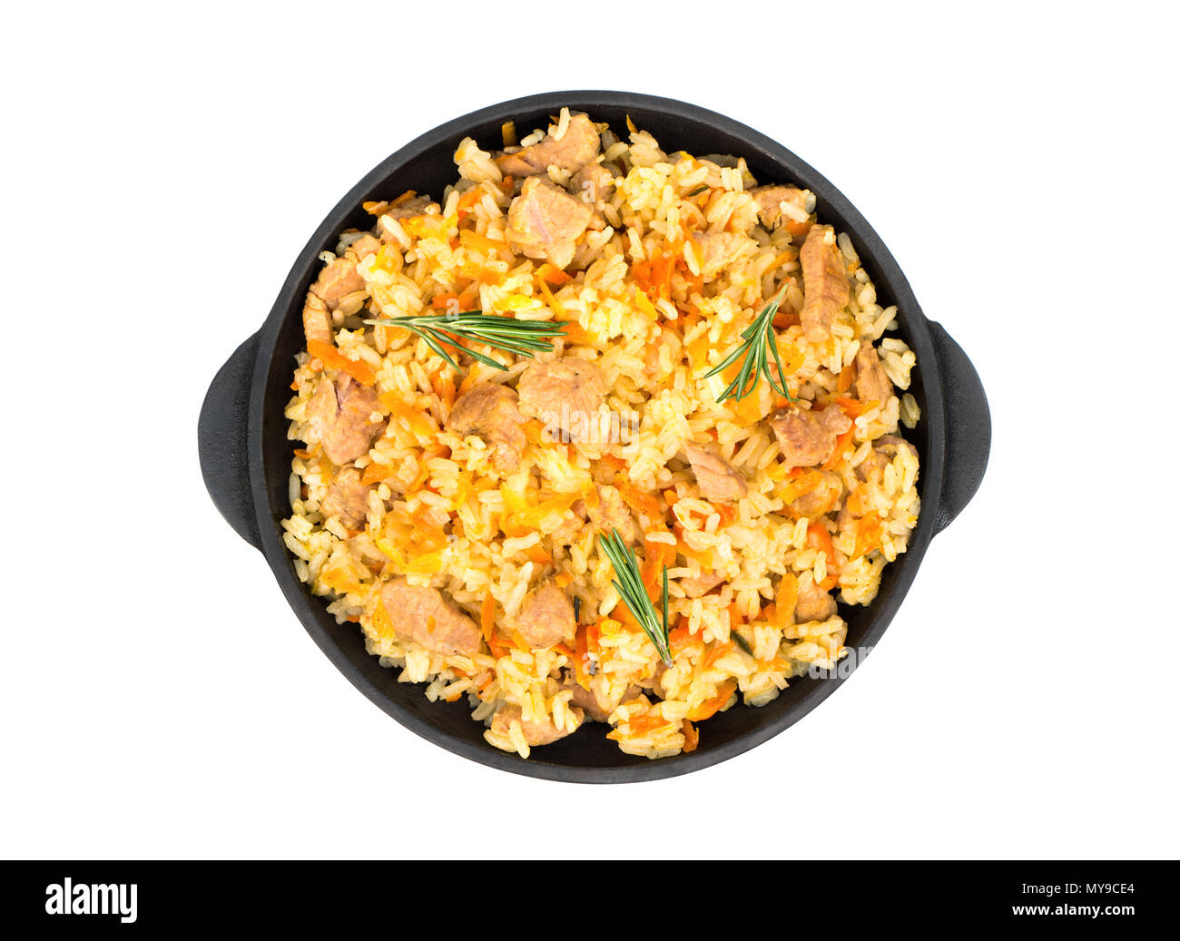 Traditional Uzbek pilaf in portioned frying pan isolated on white ...