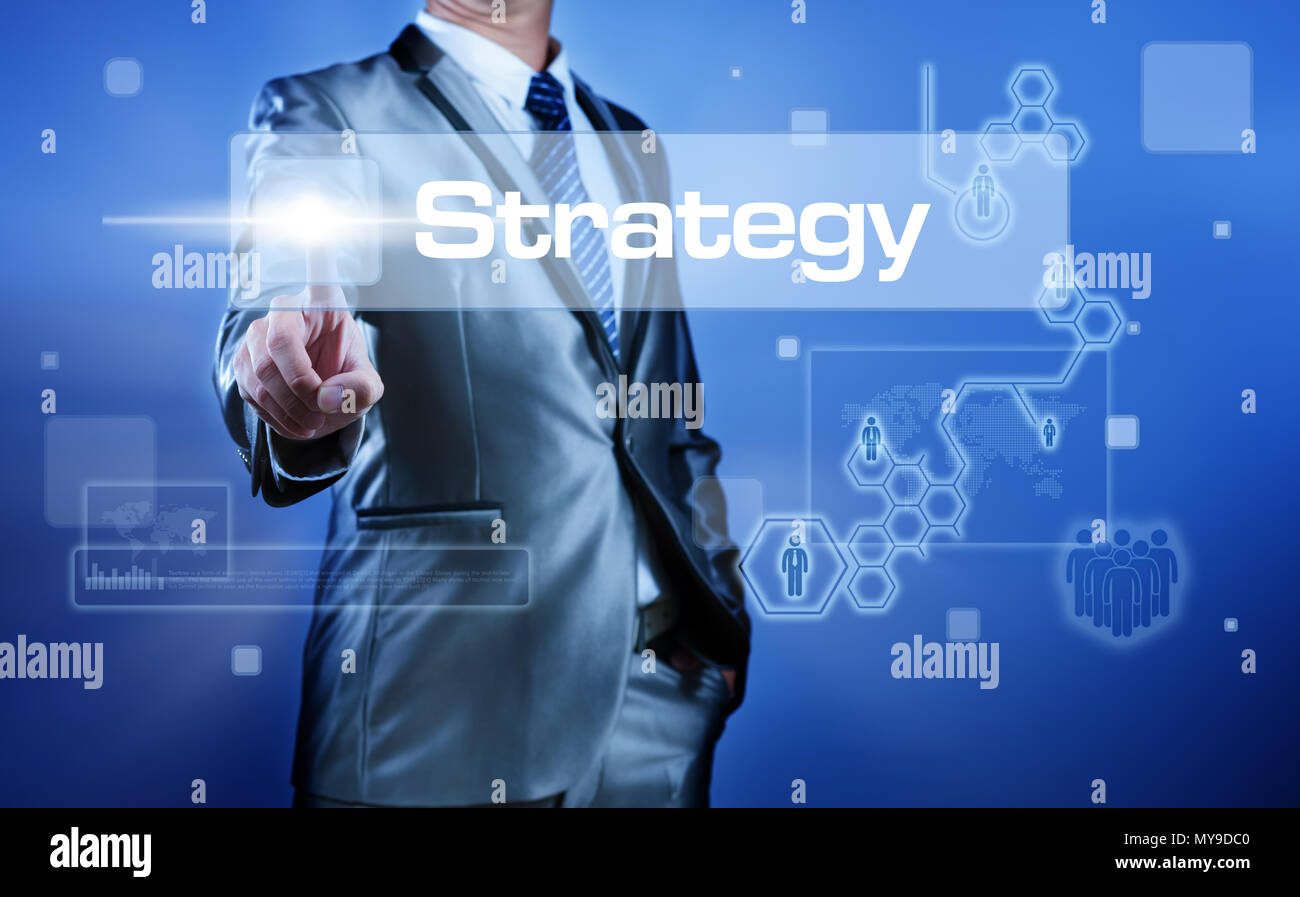 Business man with digital screen press on button strategy Stock Photo ...