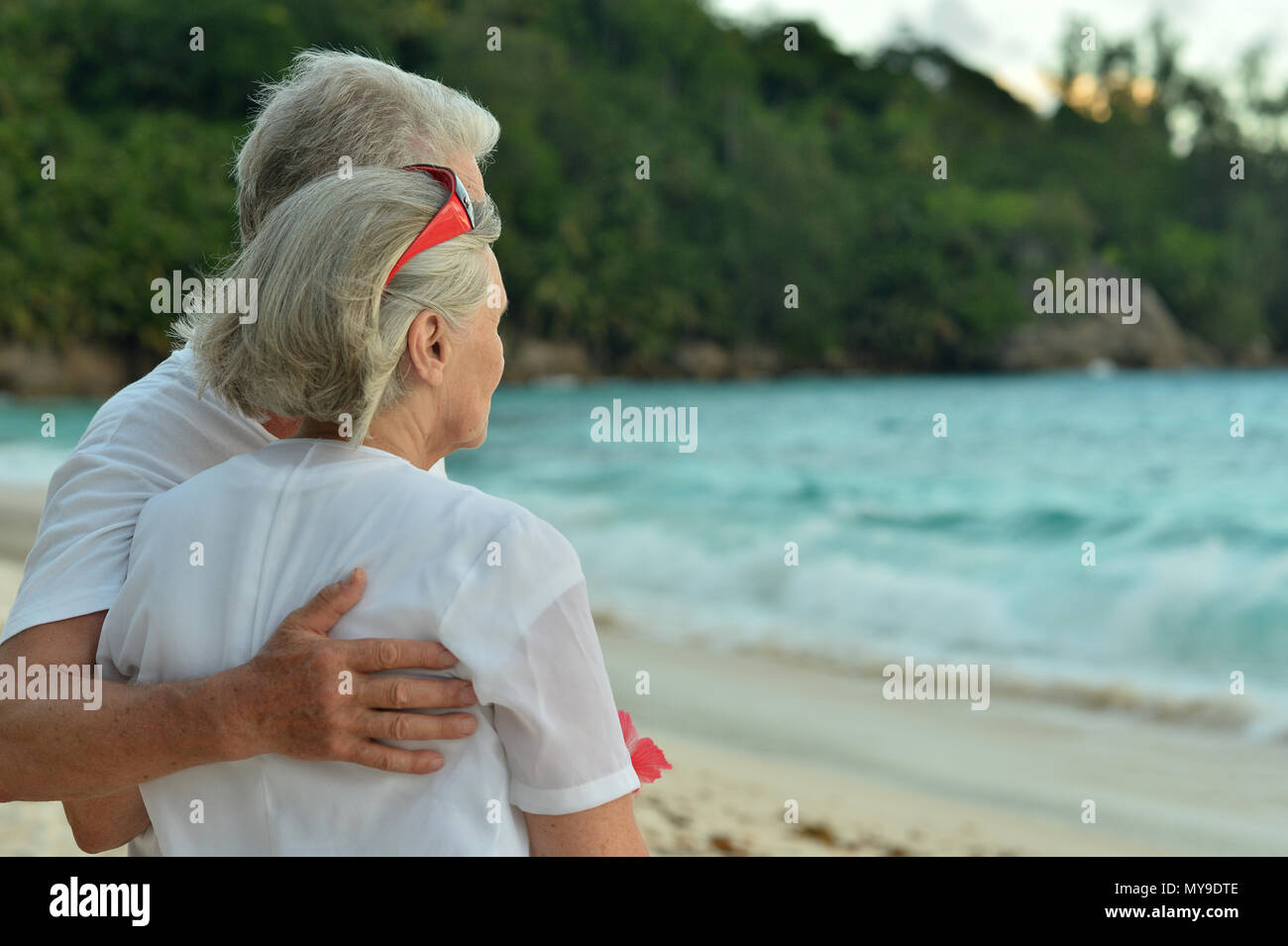 Happy elderly couple hugging Stock Photo - Alamy