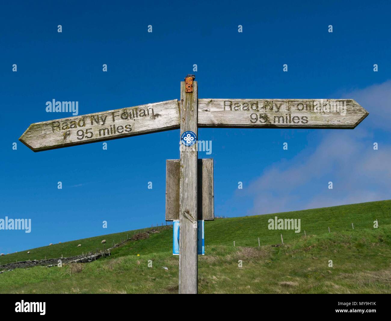 Sign post for the 95 mile Coastal path Raad Ny Foillan Isle of Man ...