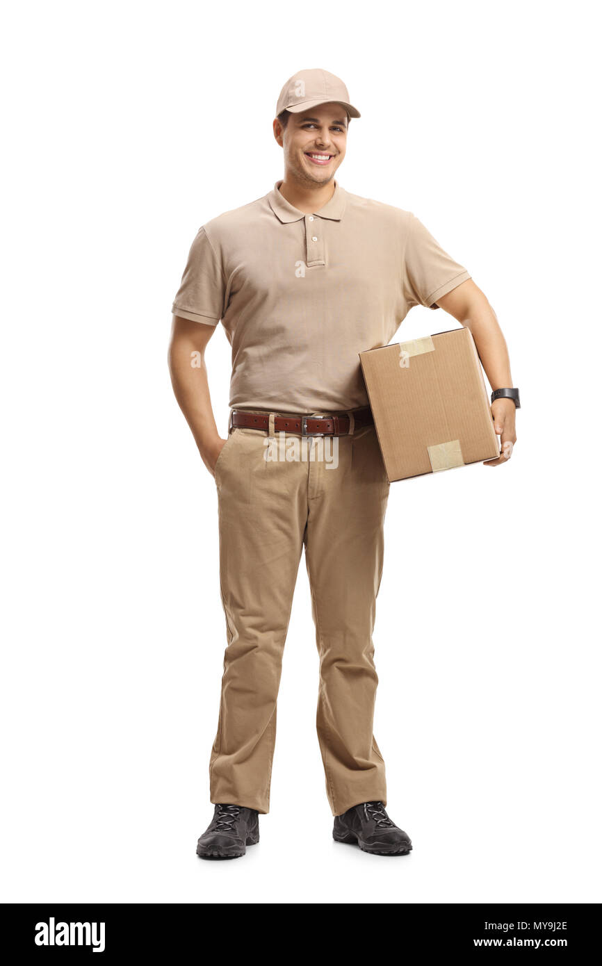 Full length portrait of a delivery man holding a package isolated on ...