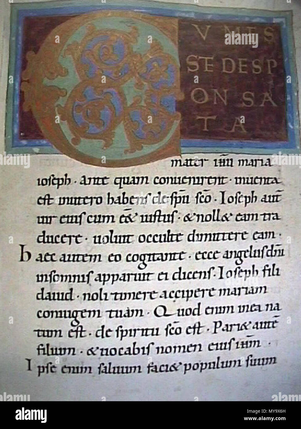 . A page from the Bamberg Apocalypse Large decorated initial 'E'. Text ...