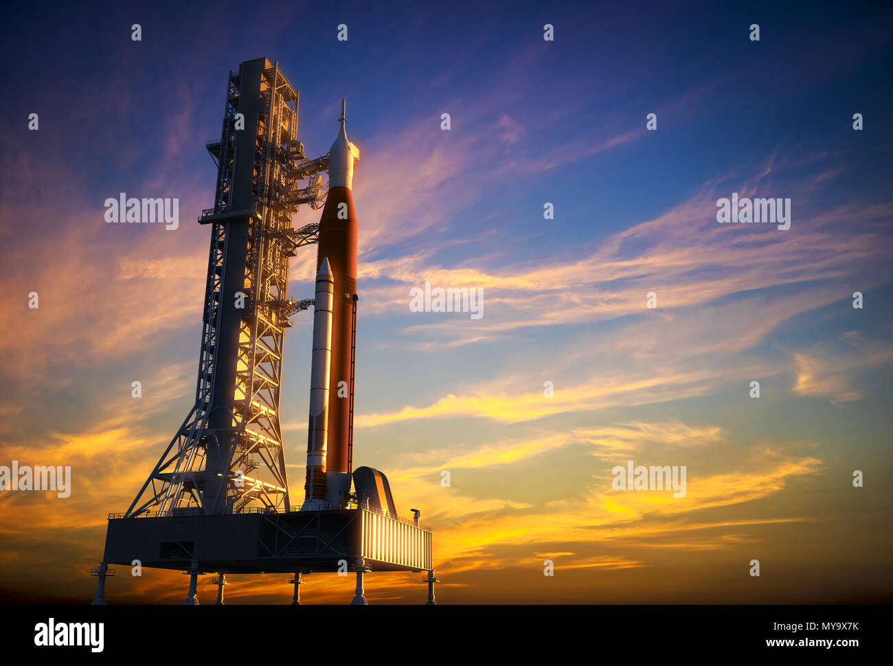 Space Launch System On Launchpad Over Background Of Red Clouds Stock ...