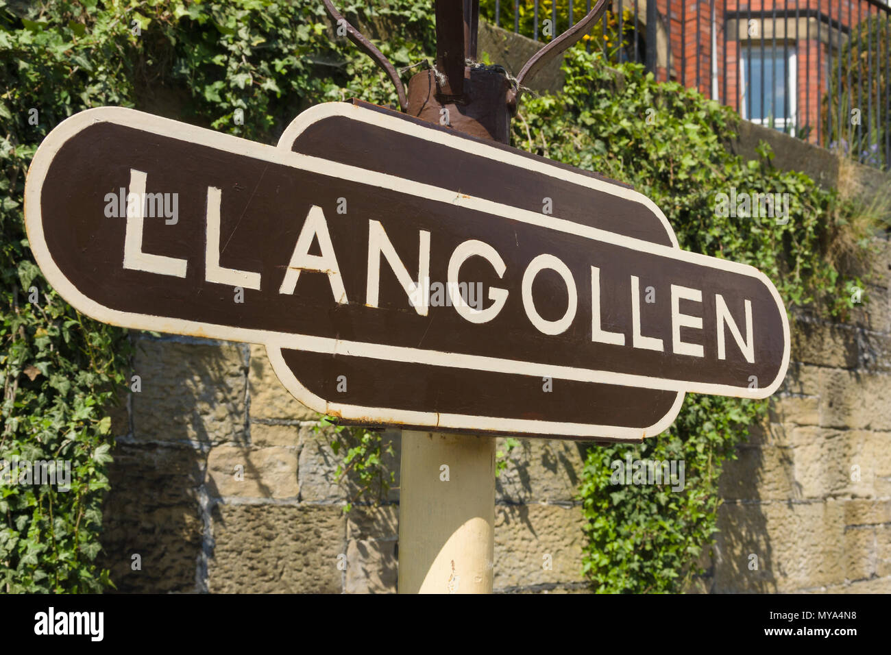 Llangollen platform sign at the preserved heritage steam railway in ...