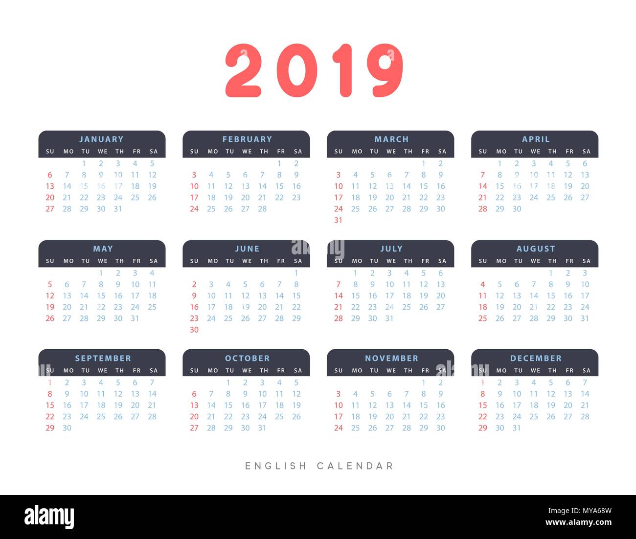 Simple english calendar for 2019 years, Week starts from Sunday Stock ...