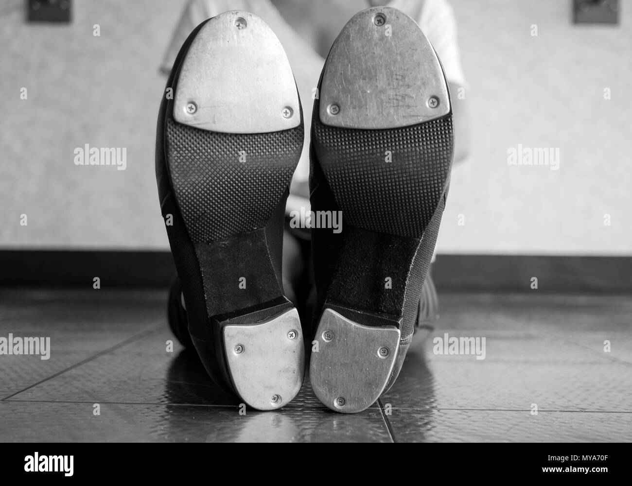 Black and white version of Bottom of my tap shoes making rhythms Stock ...