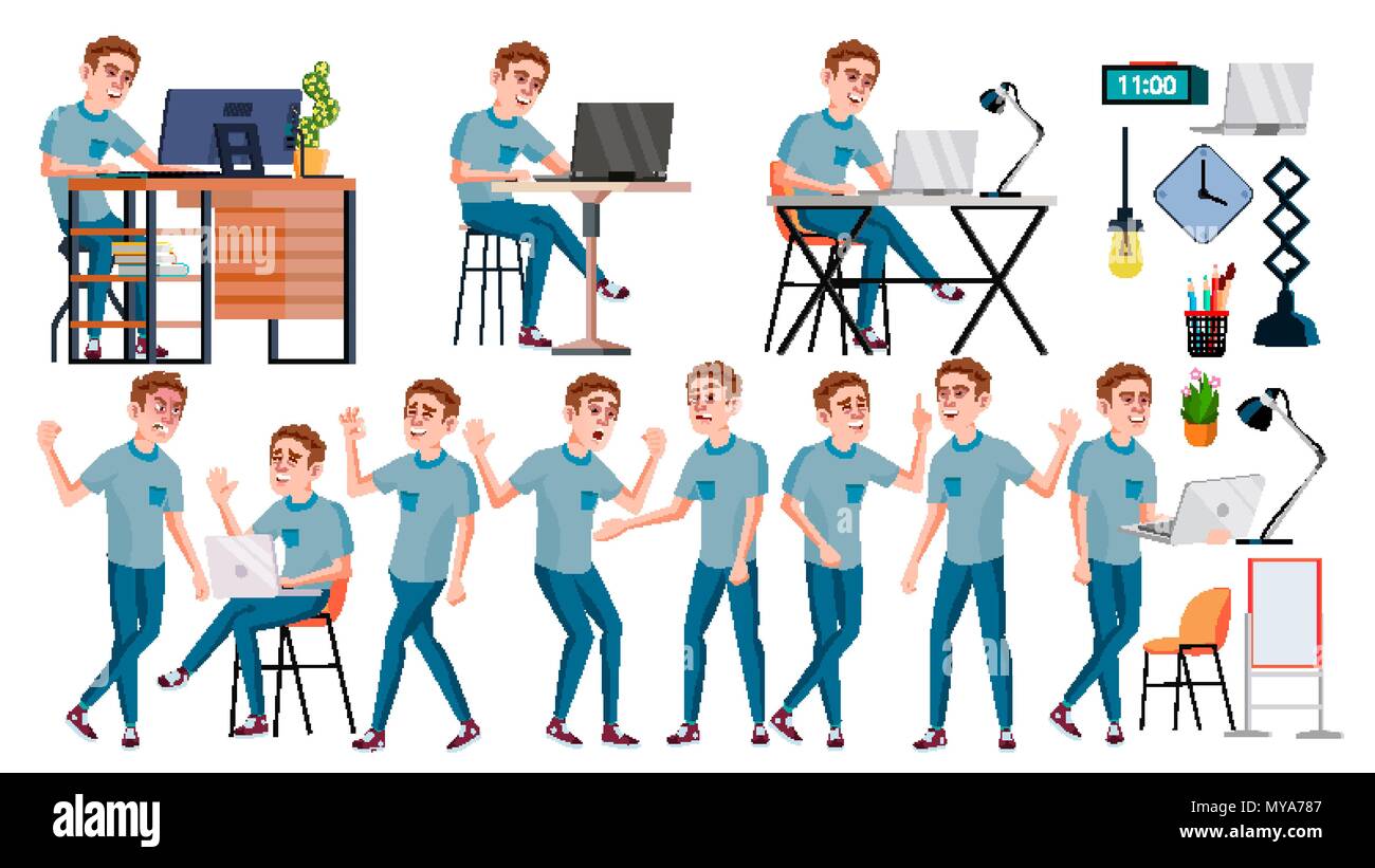 Office Worker Vector. Face Emotions, Various Gestures. Businessman ...