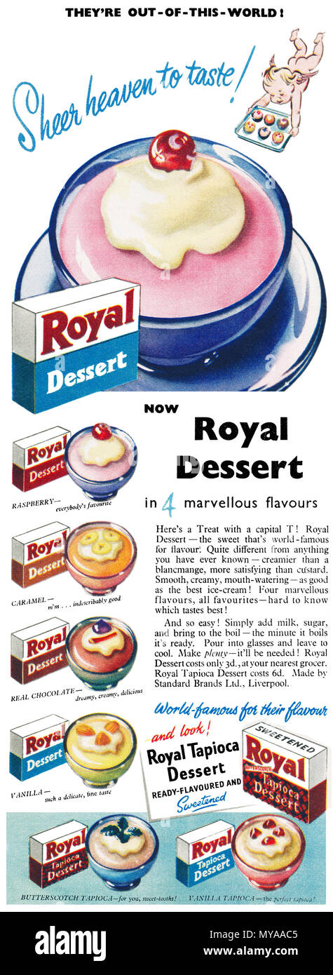 1950 British advertisement for Royal Dessert and Royal Tapioca Dessert ...
