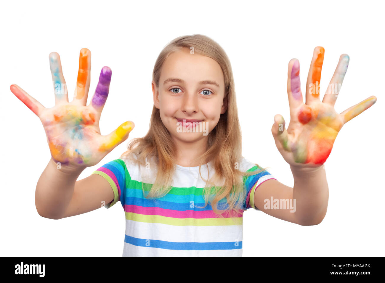 Cute girl showing hands painted in bright colors isolated on white ...