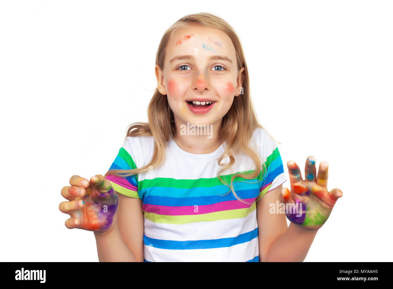 Cute girl showing hands painted in bright colors isolated on white ...