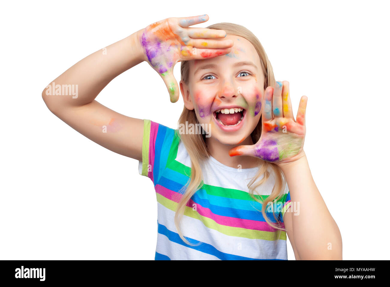 Cute girl showing hands painted in bright colors isolated on white ...