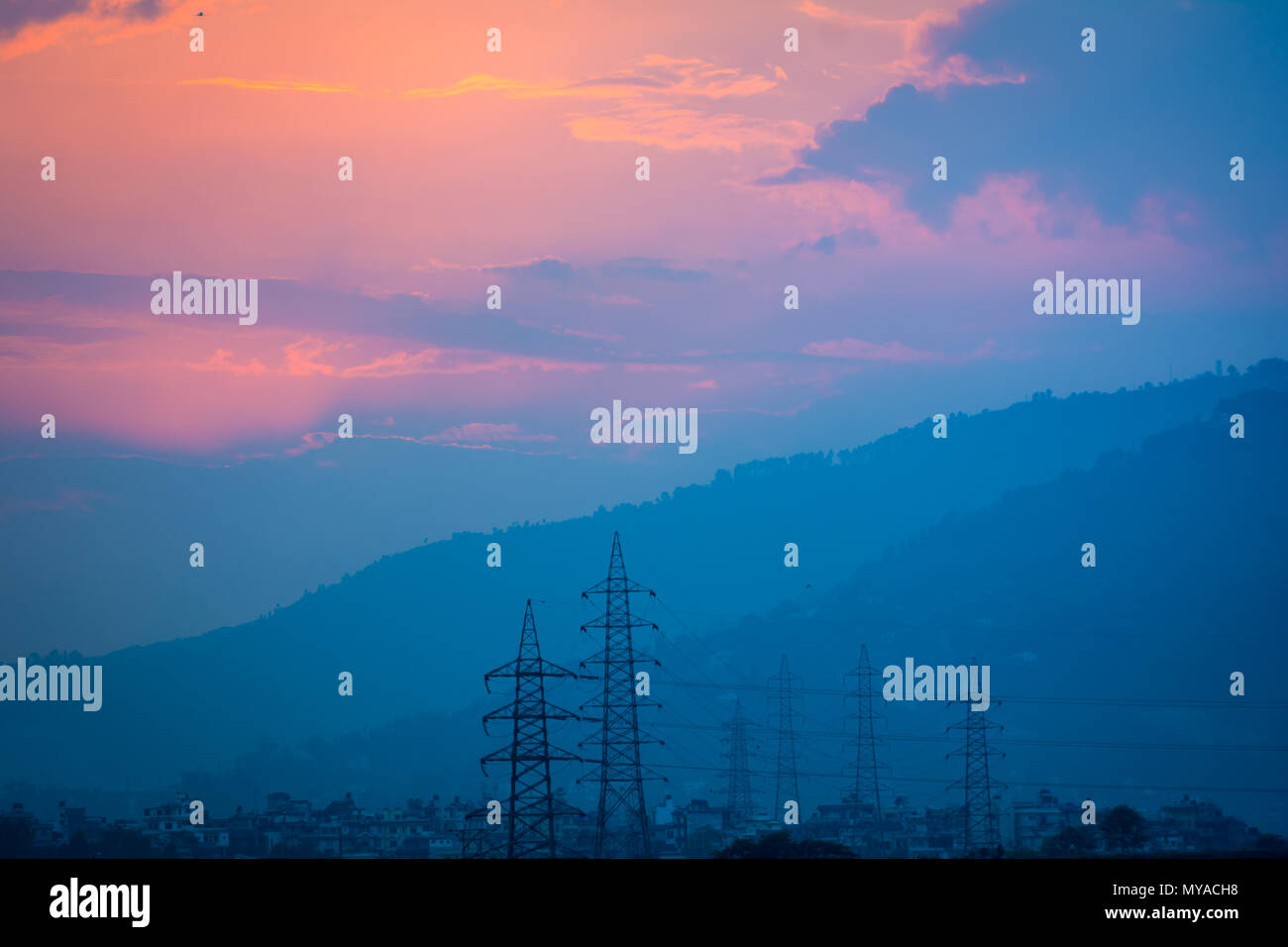 Silhouette Of Power Grid and Dramatic Sunset Sky Stock Photo - Alamy