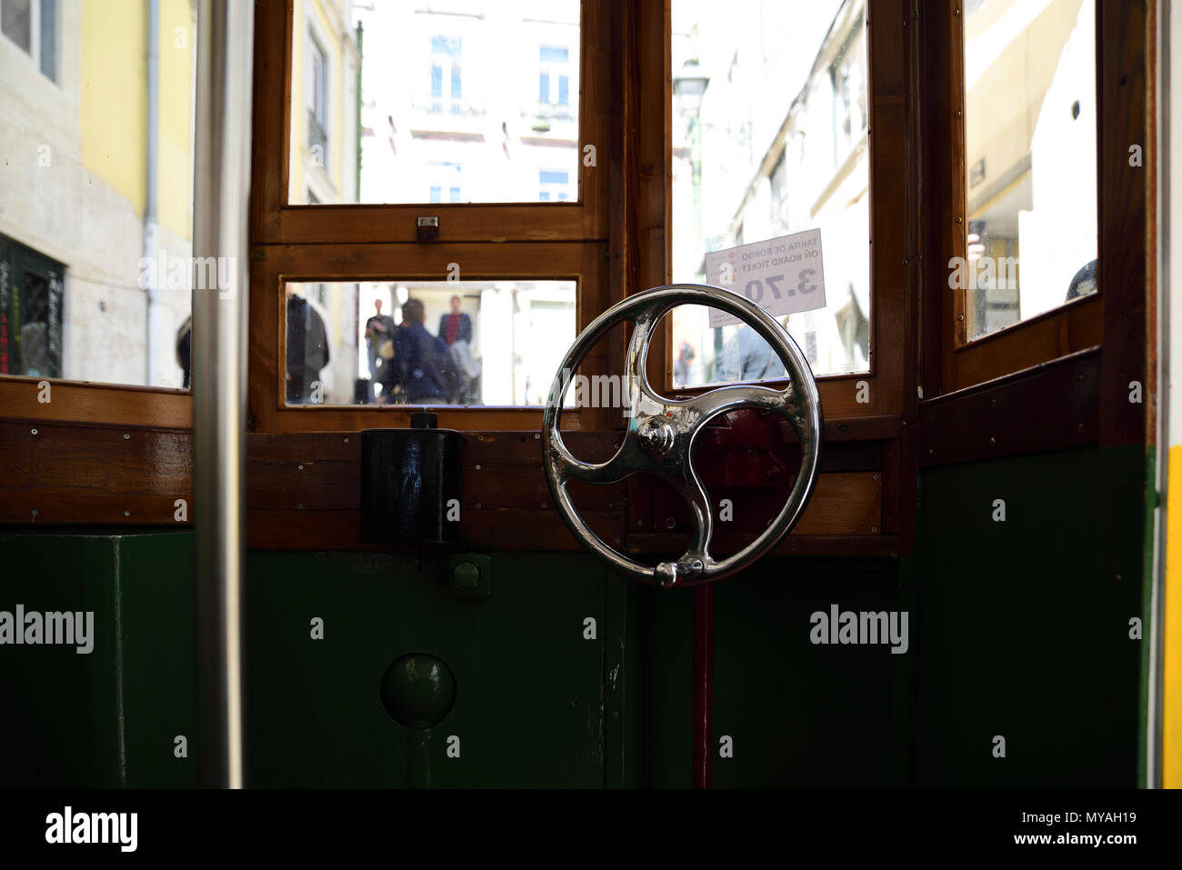 interior of the tram, elevador de bica, Lisbon. Steering wheel Stock ...