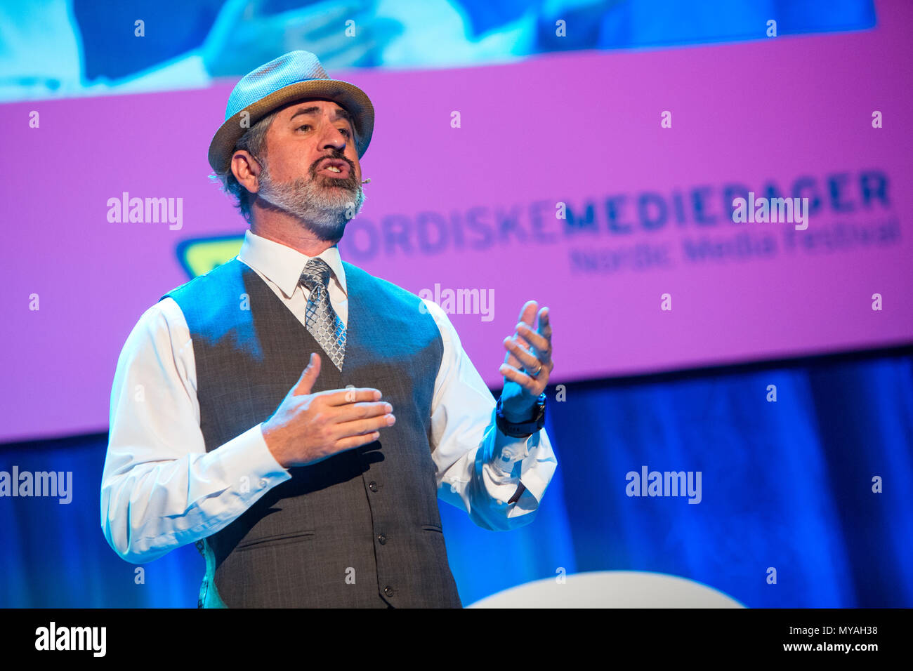 Norway, Bergen - May 2, 2018. Michael Pecchia seen during a talk at the ...