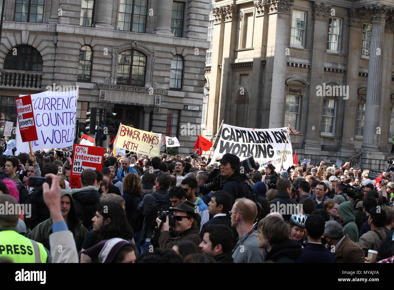 G20 Protest March in the City of London, Canon Street, Bank of England ...