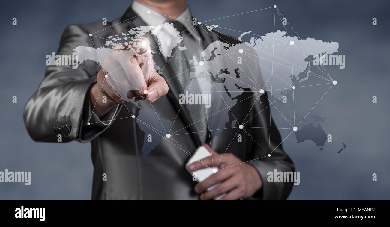 Businessman working with digital object, business globalization concept ...