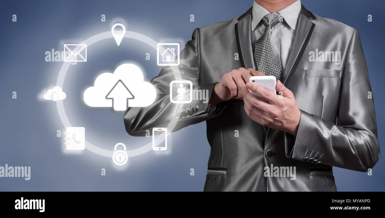 Businessman working on cloud computing business security concept Stock ...