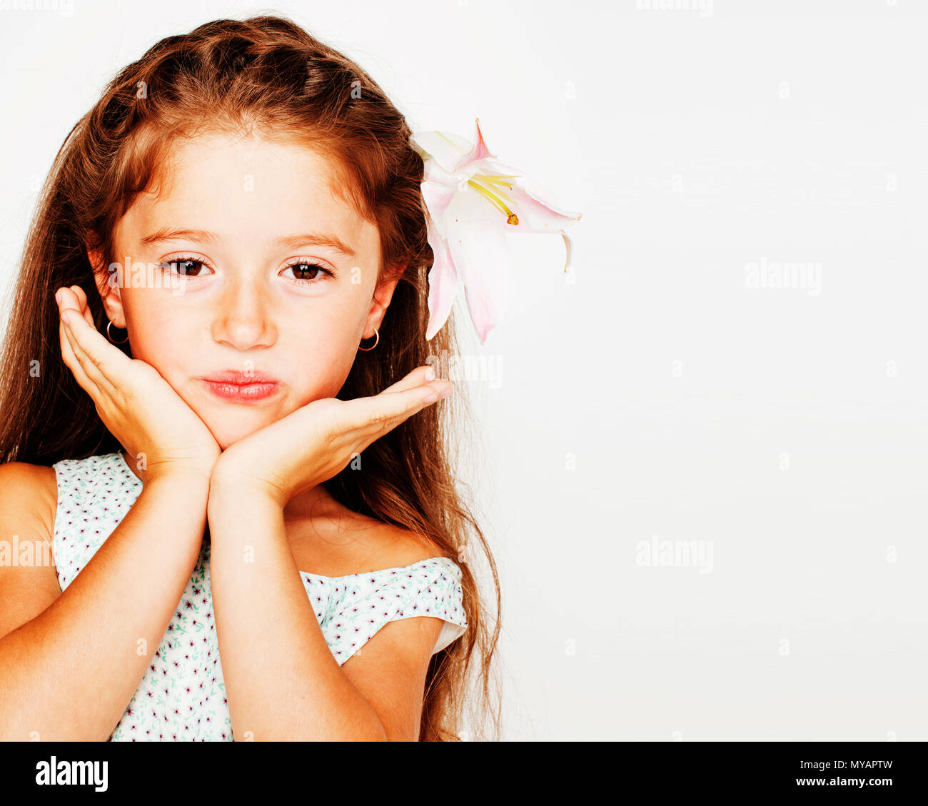 little cute beauty girl isolated on white background holding flo Stock ...