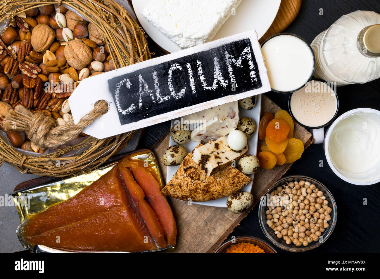 Food rich in calcium such as nuts, milk, peas, lentils, kidney beans ...