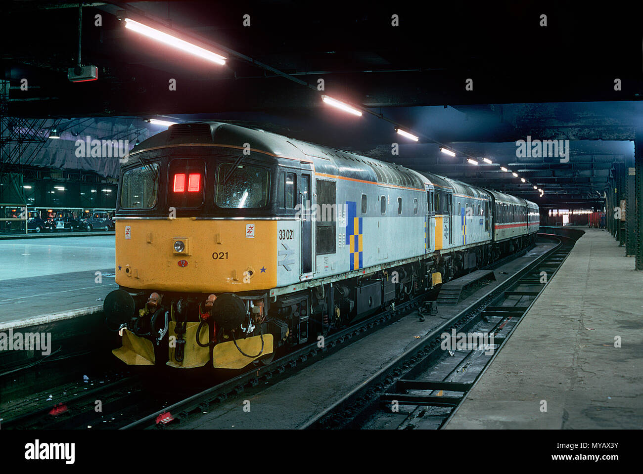 A pair of class 33 diesel locomotives numbers 33021 and 33050 stand at ...