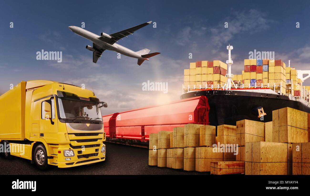 Truck, rail, air and ship transport boxes symbolizing the international ...